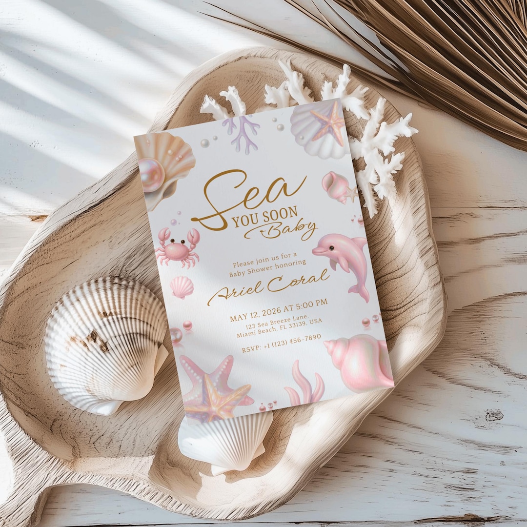 Sea You Soon Baby Shower Invitation, Pink Under the Sea Seashell Theme ...