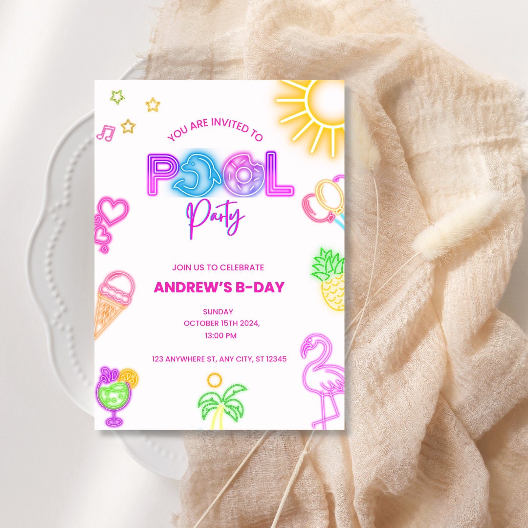 Editable Pool Party Invitation, School Pool Party Invite, Glow Neon ...