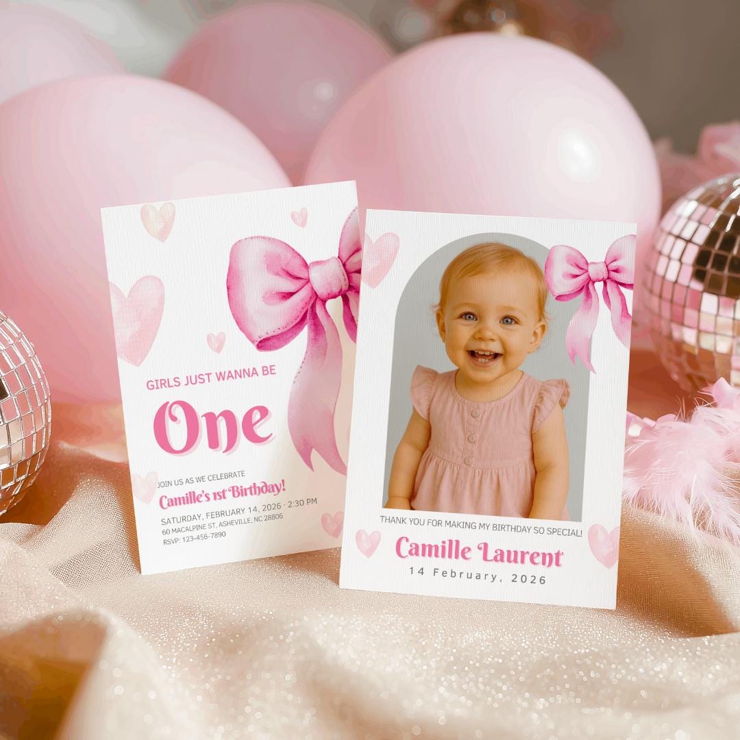 Girls Just Wanna Be One Birthday Invite With Photo, Pink Bow 1st ...