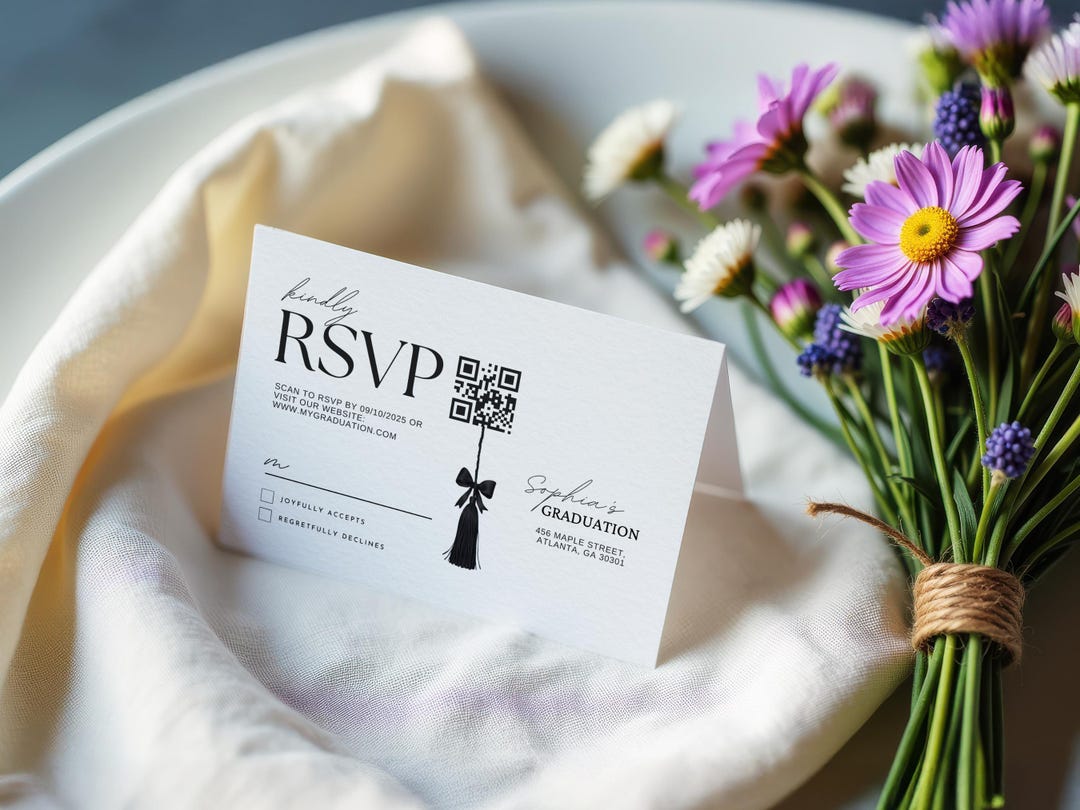 Graduation RSVP Card Template | Black Bow Rsvp Qr Code Card | Response ...