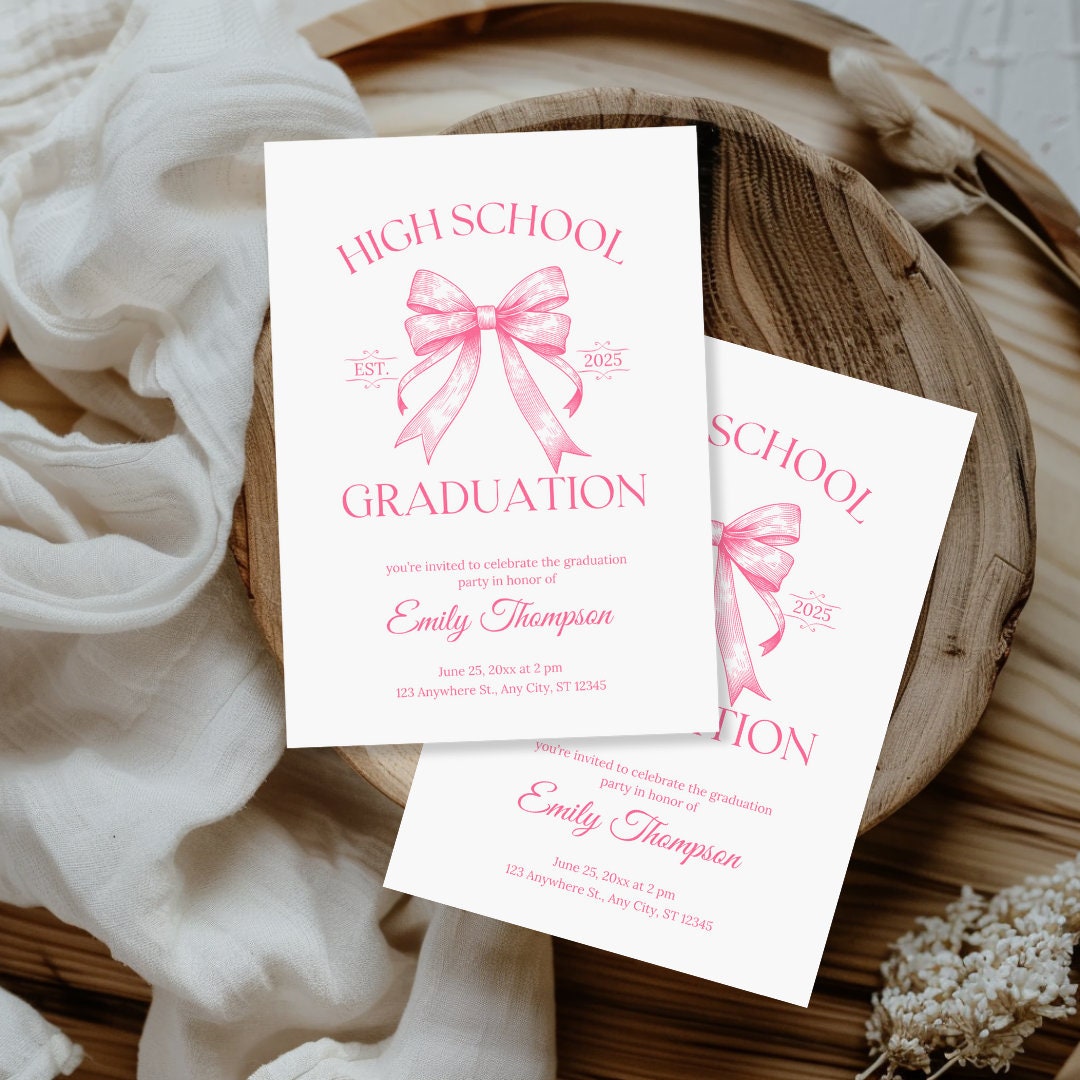 Pink Bow Graduation Invitation, Coquette Bow Pink Graduation Invitation ...