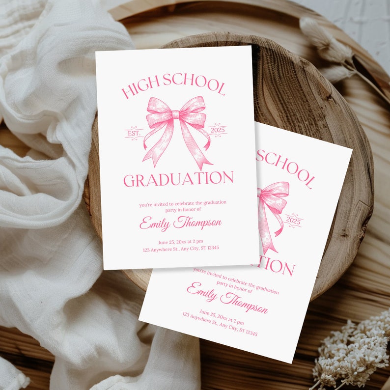 Pink Bow Graduation Invitation, Coquette Bow Pink Graduation Invitation ...