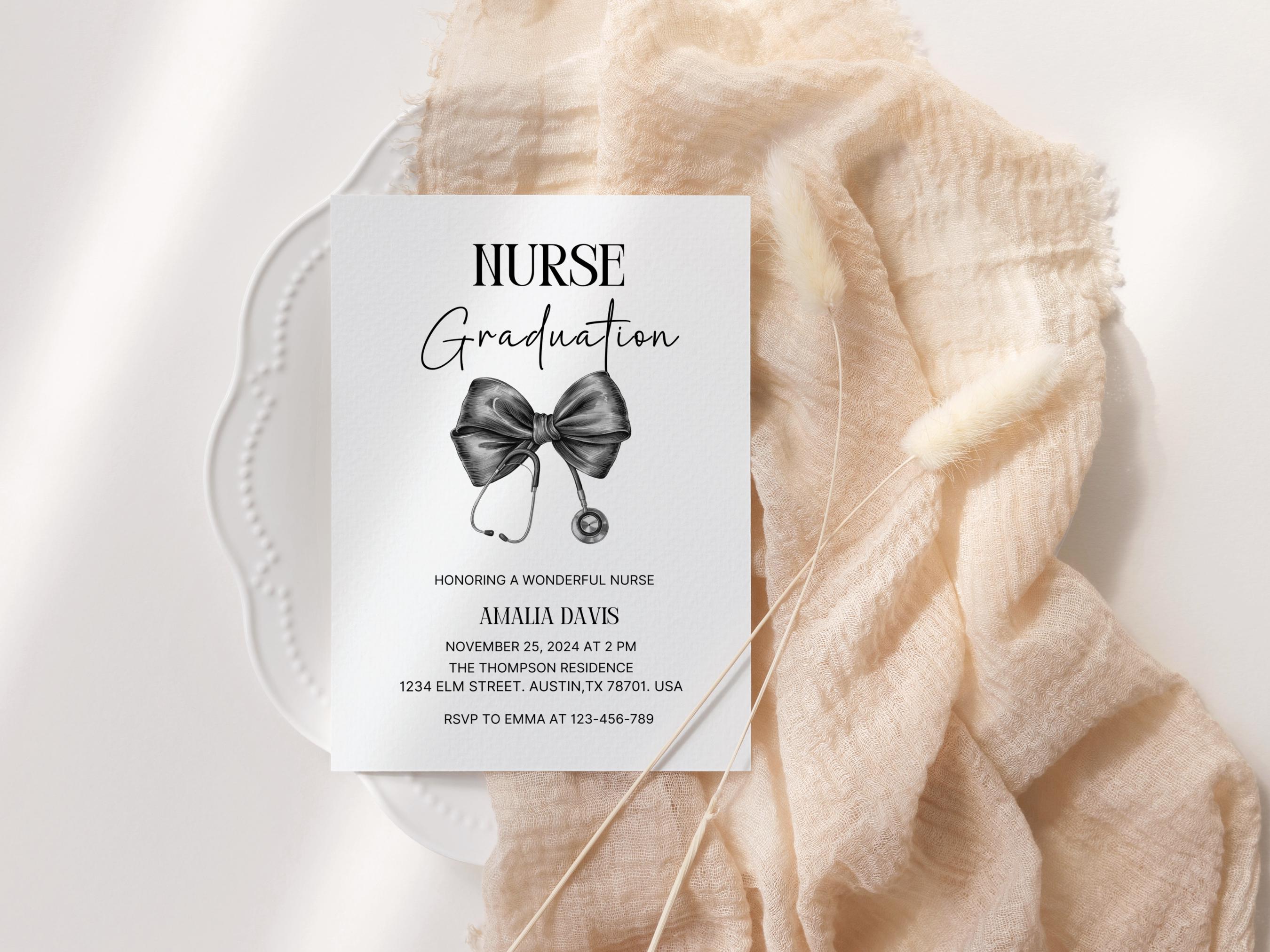 Editable Nurse Graduation Party Invite, Black Bow RN Grad Announcement ...