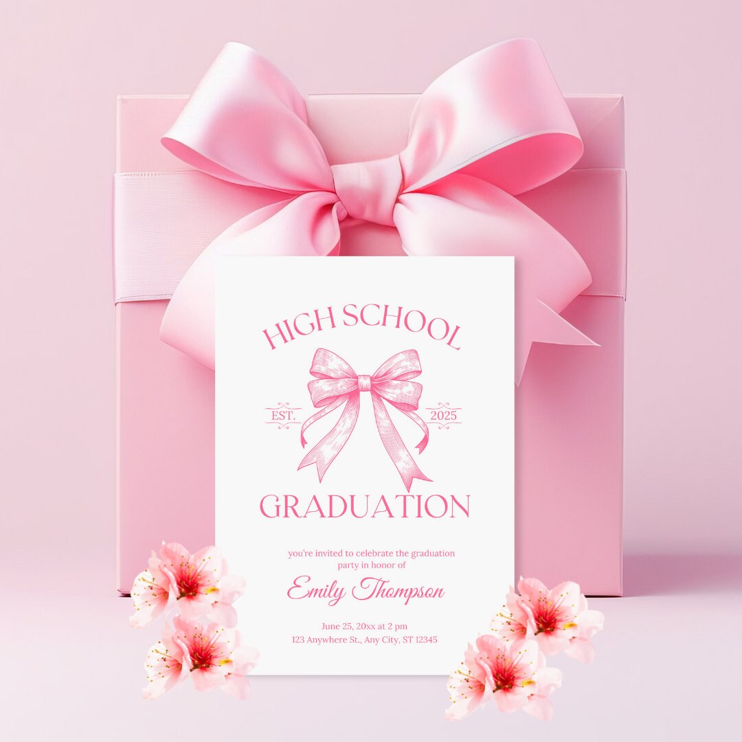 Pink Bow Graduation Invitation, Coquette Bow Pink Graduation Invitation ...