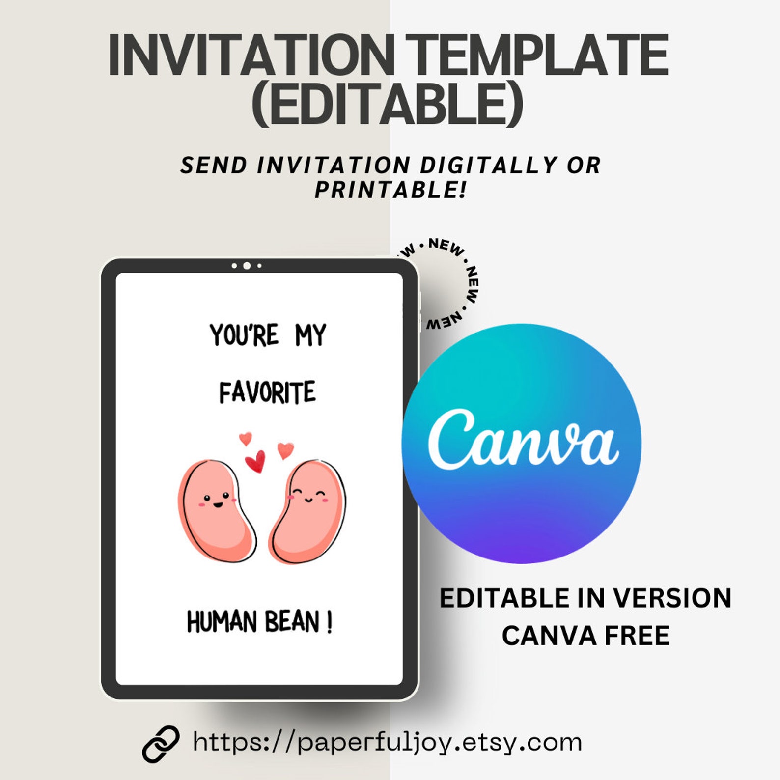 Editable Bean Pun Valentine's Card, You're My Favorite Human Bean Card ...