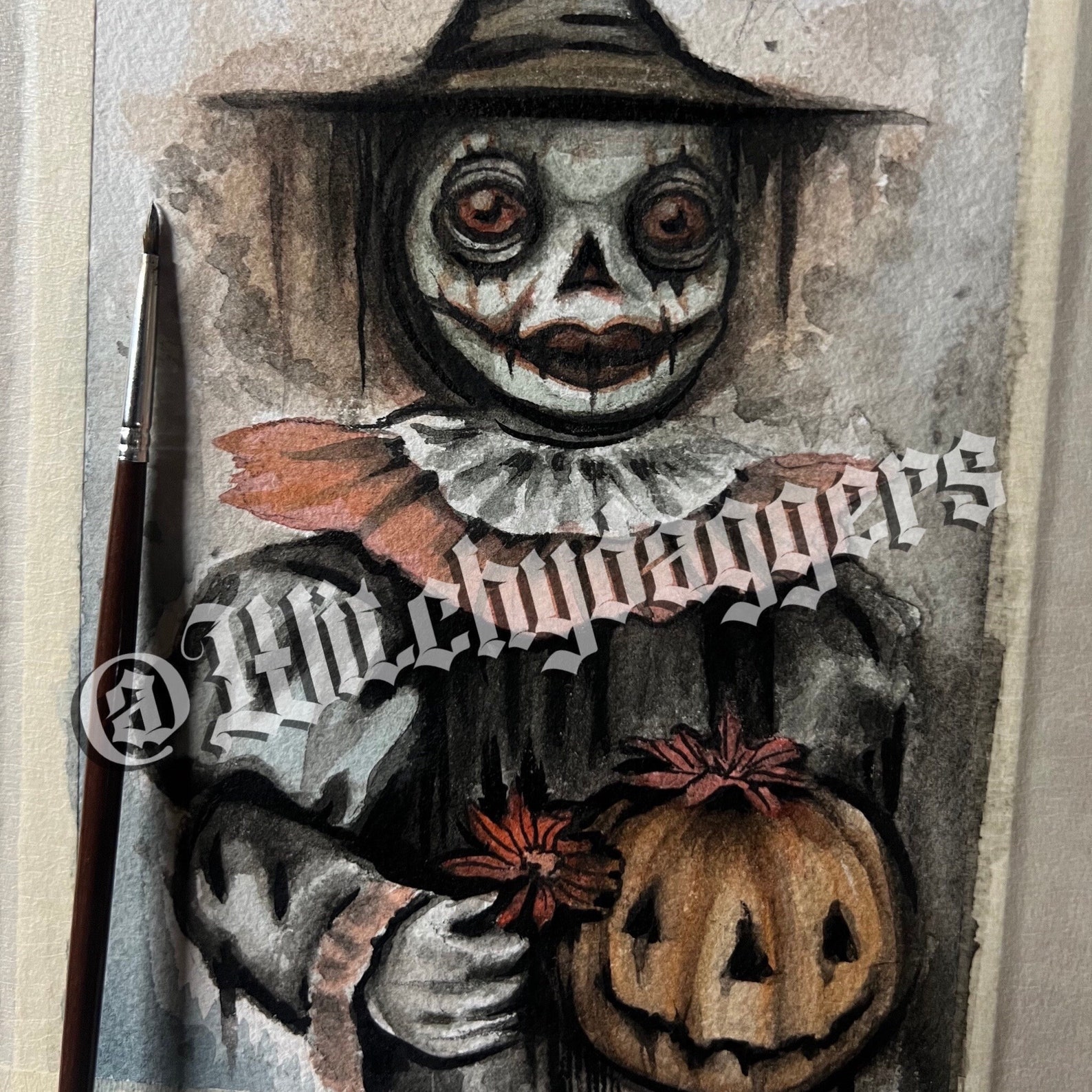 ORIGINAL Macabre Clown Holding a Pumpkin 7x7 Framed - Etsy
