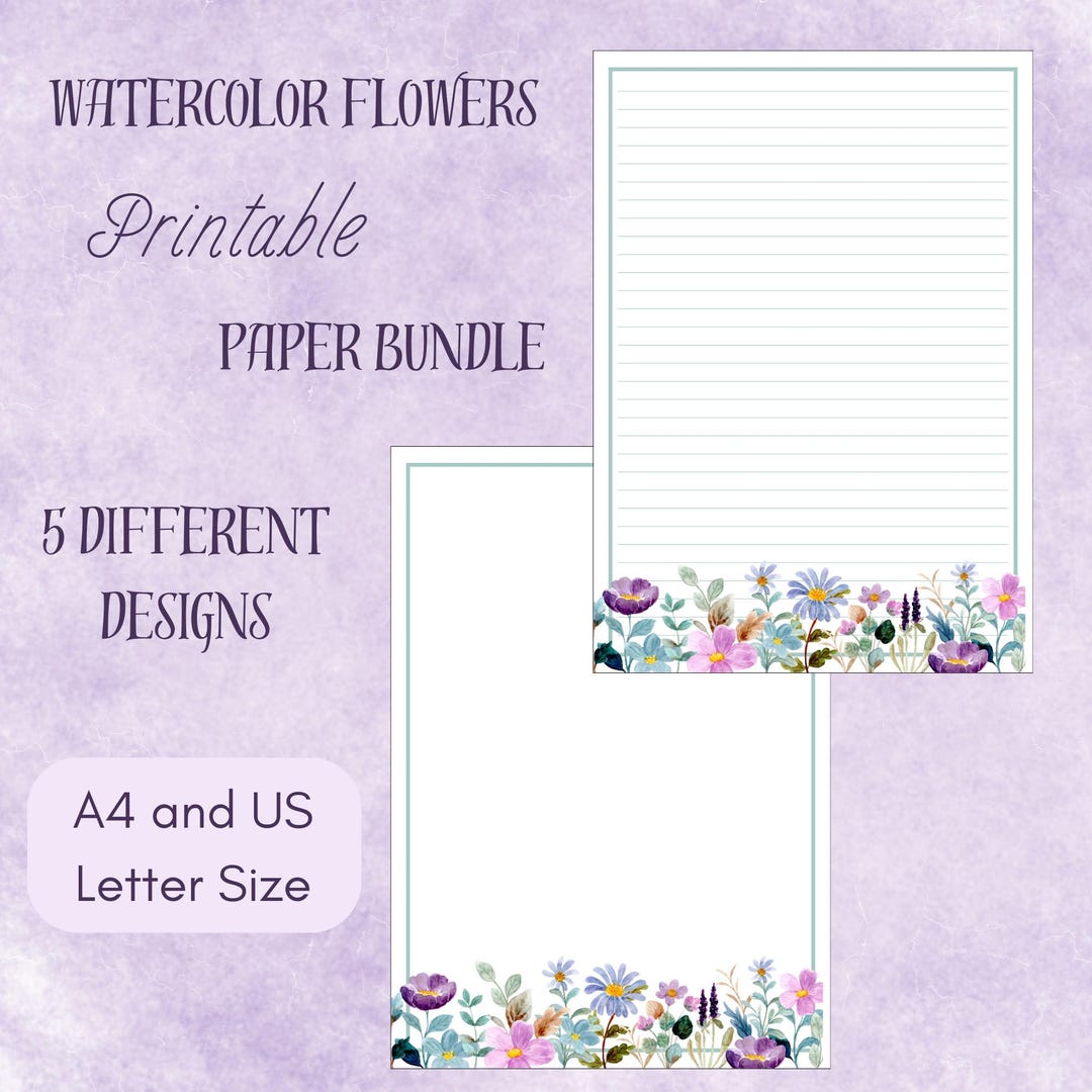 Watercolor Flowers Printable Paper, Spring Flowers Lined Note Paper ...