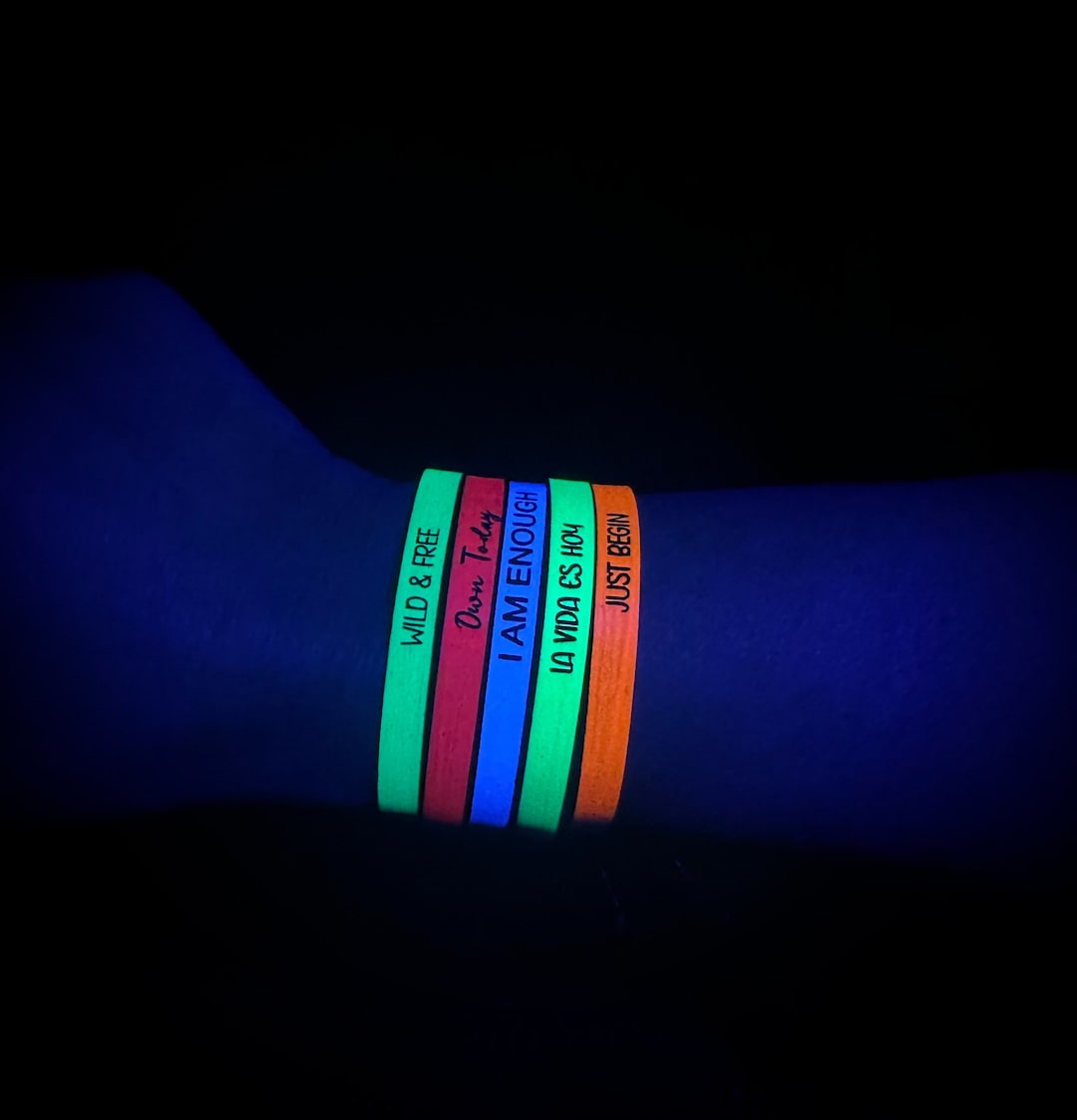 Neon Glow Leather Bracelet, Personalized UV Reactive Wristband, Glow ...