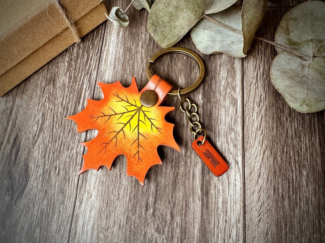 Personalized Maple Leaf Leather Keychain, Autumn Vibes, Fall ...