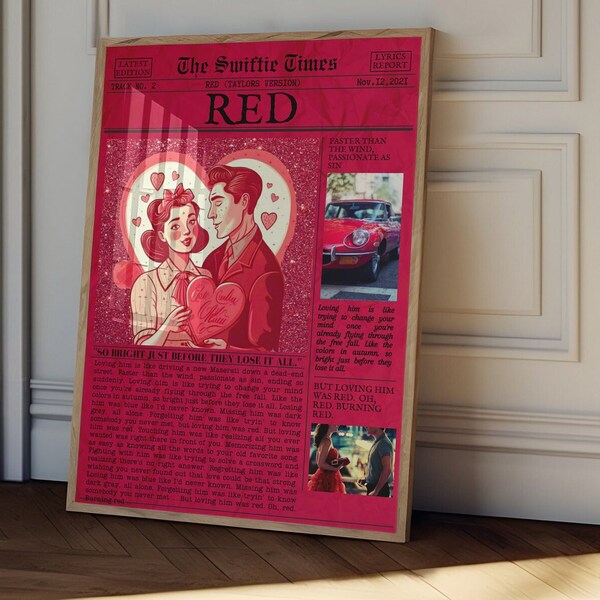 RED Digital Poster, Taylor Retro Newspaper Print, Taylor Red Lyrics ...