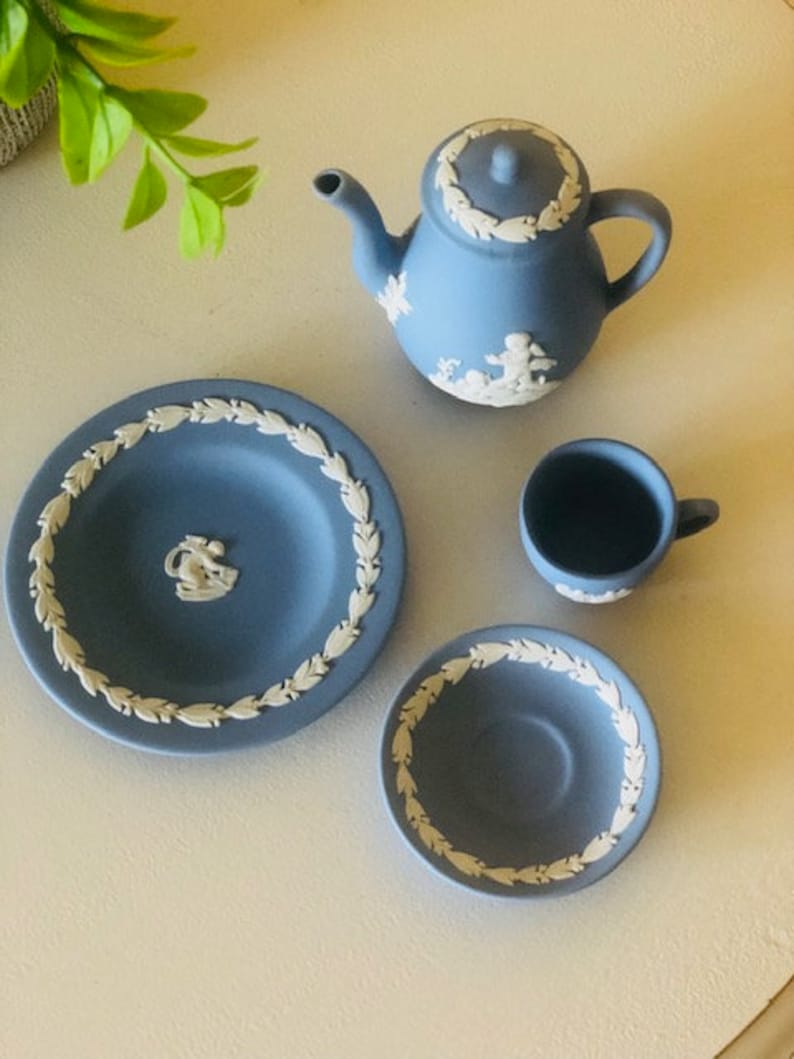 Vintage Wedgwood Blue Jasperware Miniature Coffee Pot With Tray, Cup ...