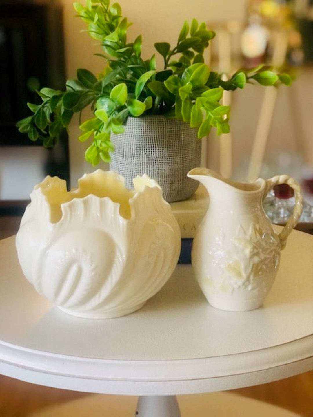 Vintage Belleek Ireland Porcelain Cabbage Leaf Bowl and Vintage Belleek ...