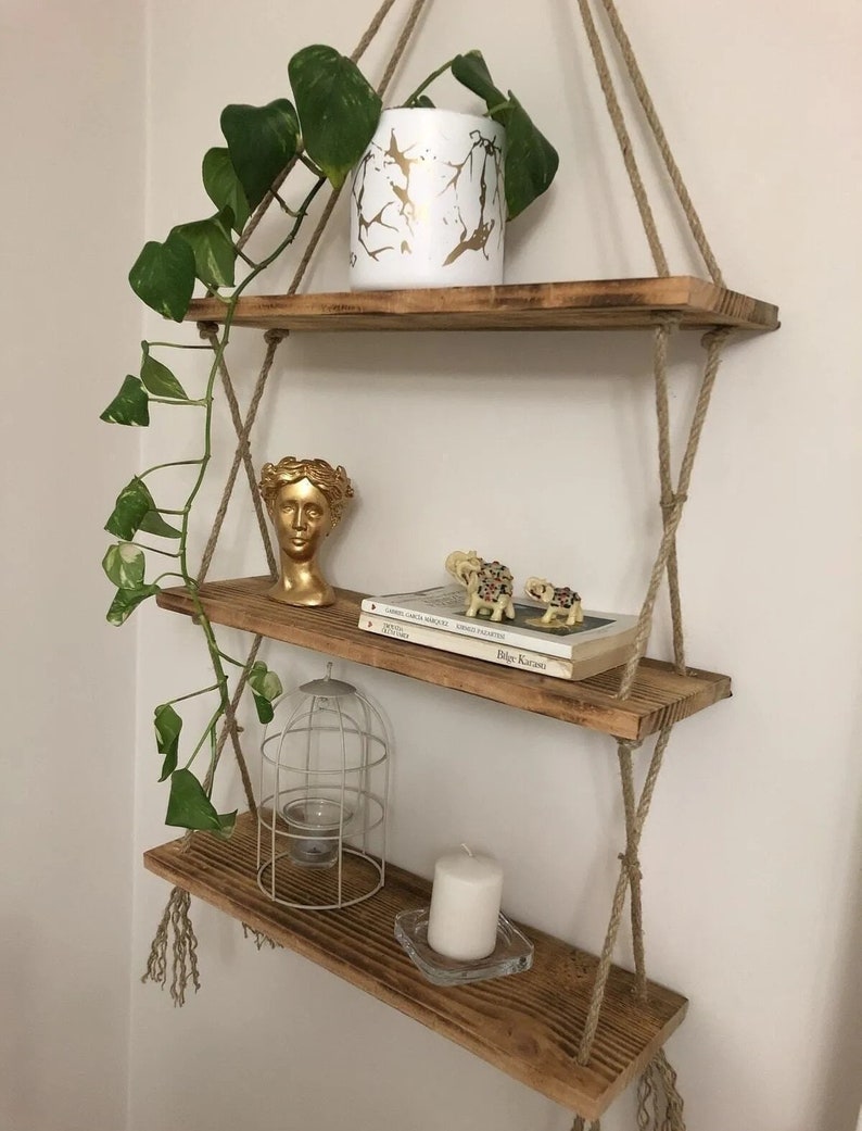 3 Tier Mango Wood and Rope Wall Shelf Hanging Handcrafted Shelves ...