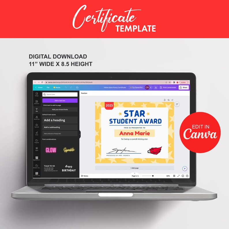 Star Template, Editable Certificate, Award Recognition, Printable ...