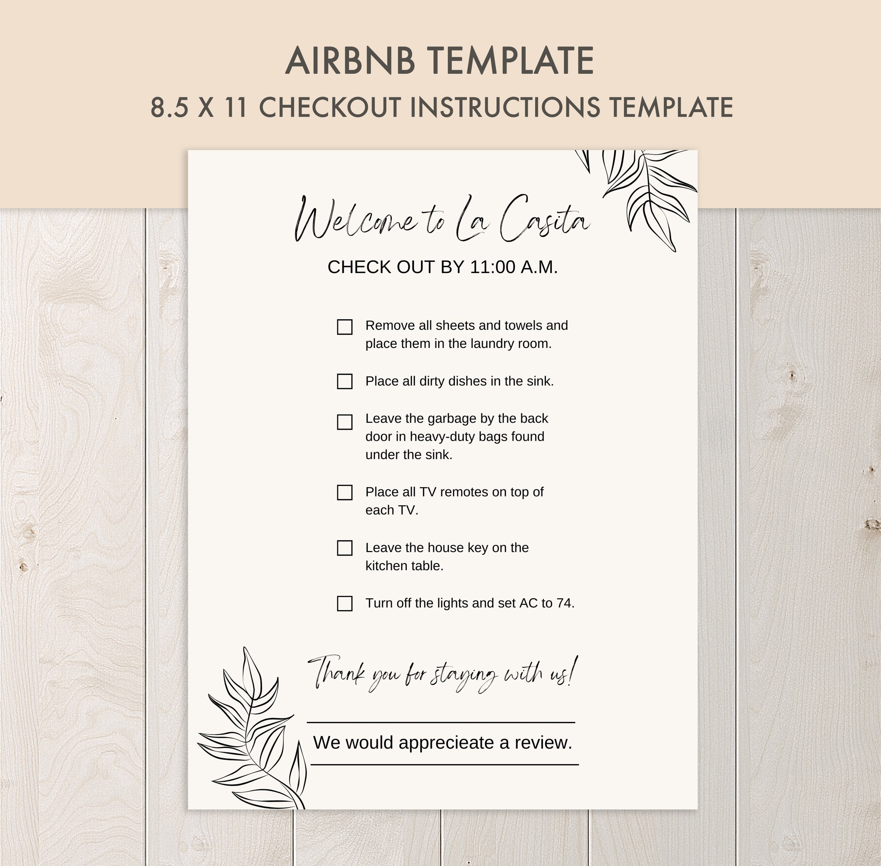 Editable Airbnb Printable Sign, Checkout Instructions Template, Airbnb ...