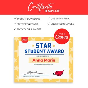 Star Template, Editable Certificate, Award Recognition, Printable ...