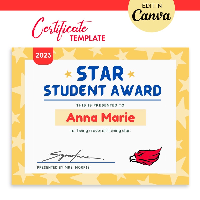 Star Template Editable Certificate Award Recognition - Etsy