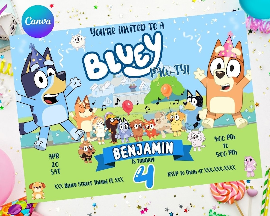 Invitación de cumpleaños Bluey, Fácil de editar, Imprimible digital ...