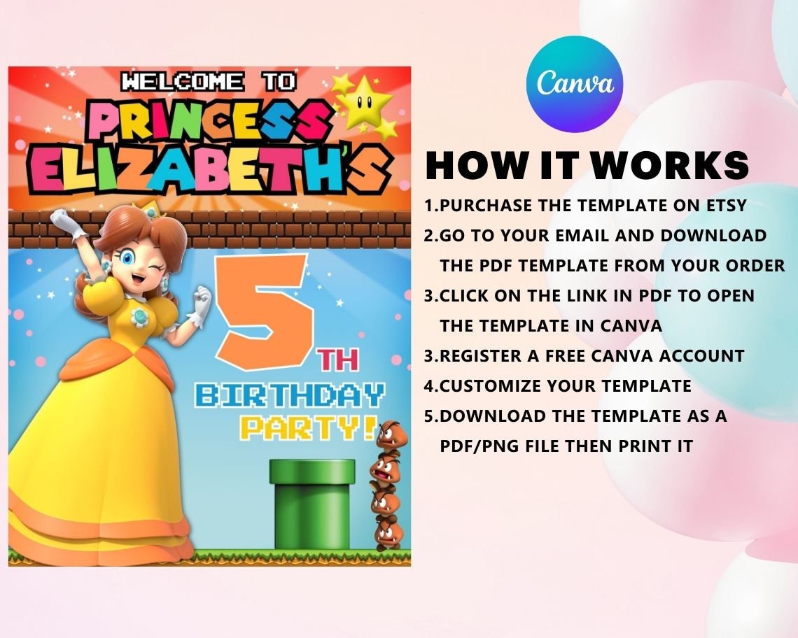 Princess Daisy Birthday Door Banner Welcome Sign Easy Editable Instant ...