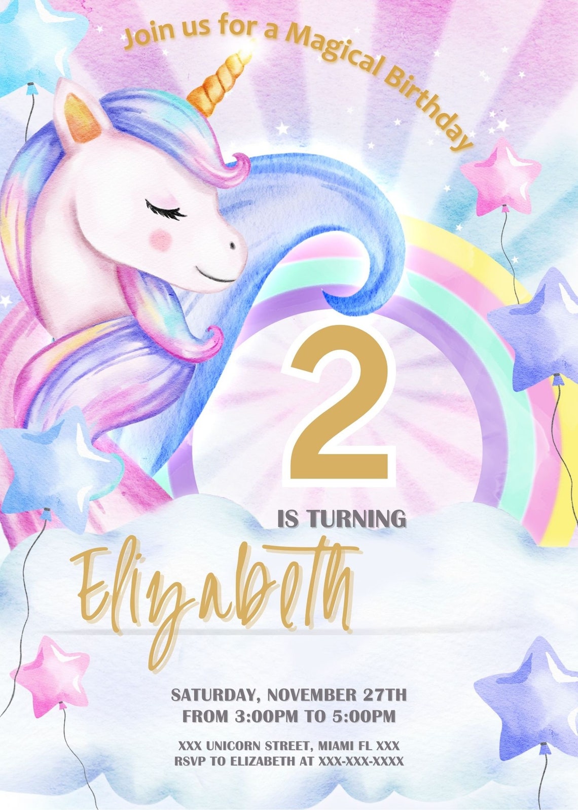 Unicorn Invitation | Easy Editable | Digital Printable | Birthday Party ...