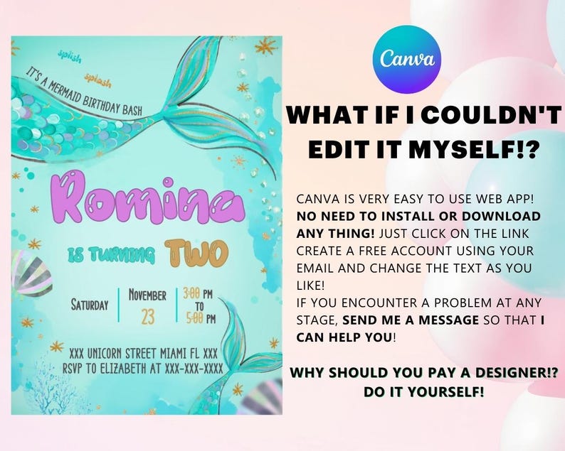 Mermaid Invitation | Easy Editable | Digital Printable | Birthday Party ...