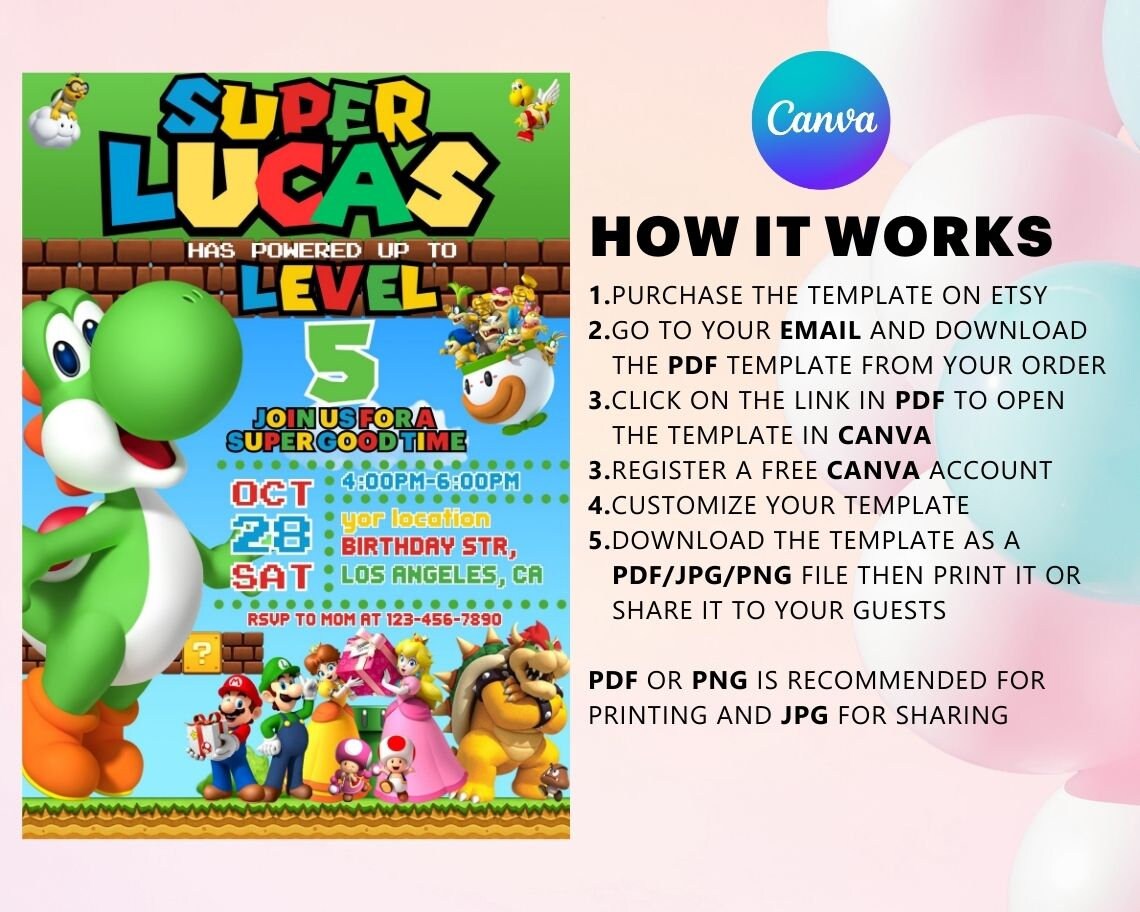 Yoshi Birthday Invitation Easy Editable Instant Download Digital ...