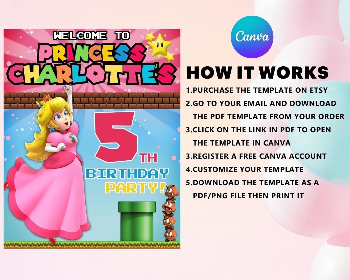 Princess Peach Birthday Door Banner Welcome Sign Easy Editable Instant ...