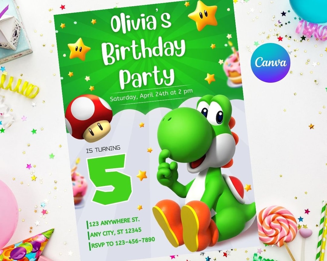 Invitación De Cumpleaños De Yoshi Fácil De Editar Descarga