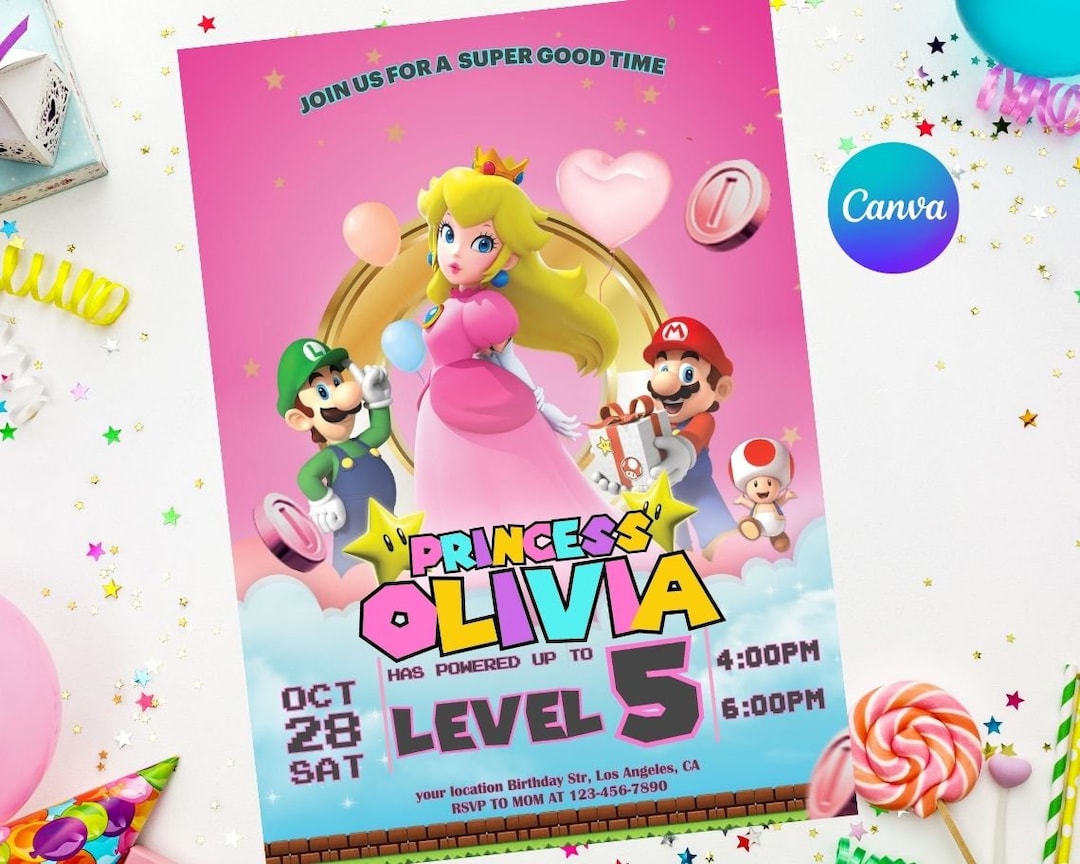 Princess Peach Birthday Invitation Easy Editable Instant Download ...