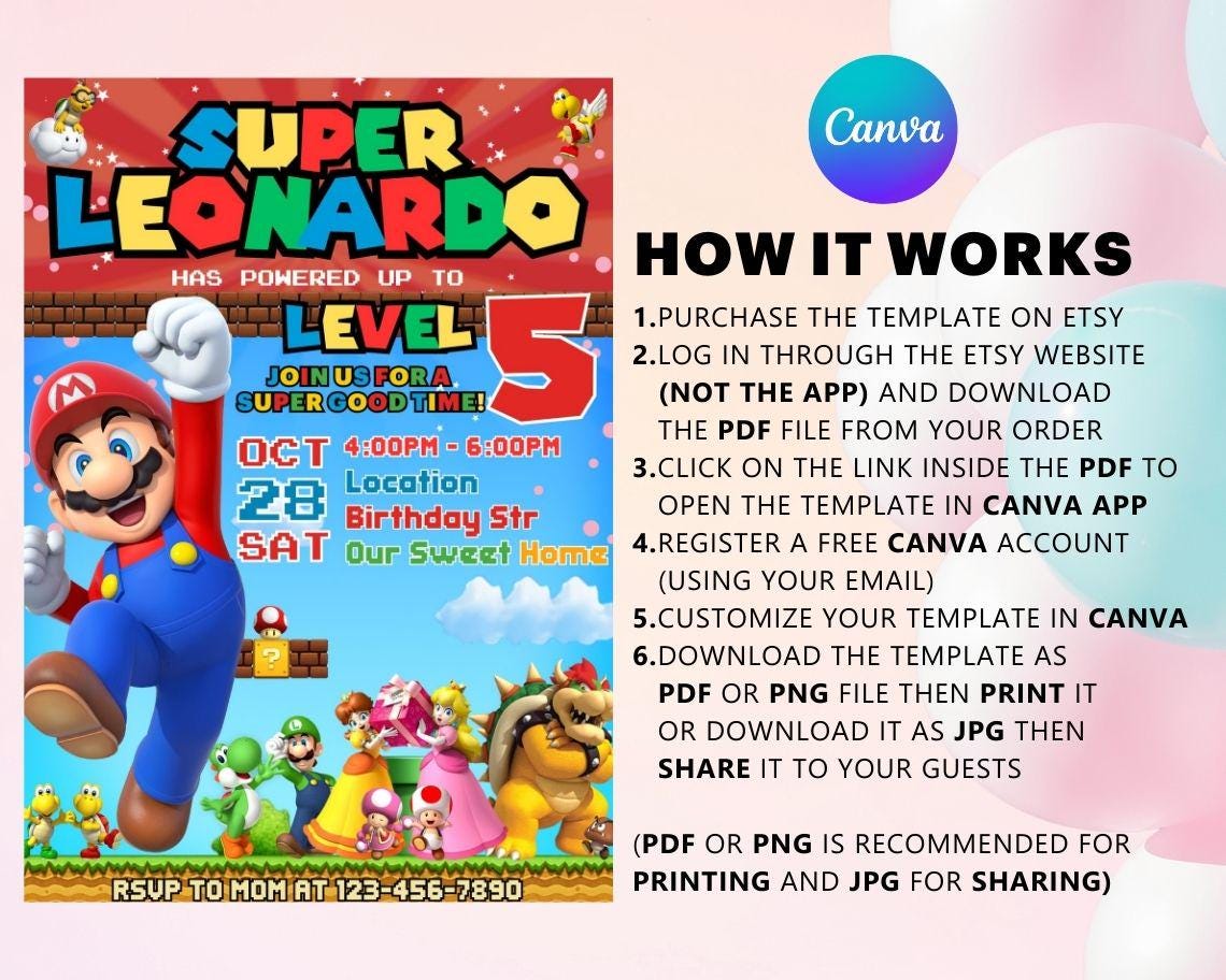 Super Mario Birthday Party Bundle - Editable Invitation, Thank You Card ...