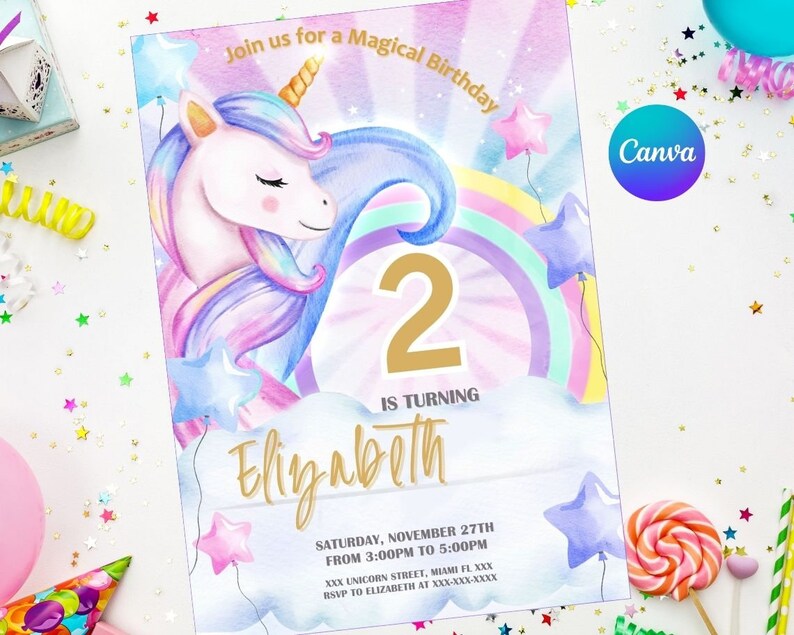 Unicorn Invitation Easy Editable Digital Printable Birthday Party ...