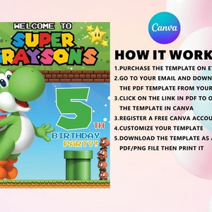 Yoshi Birthday Door Banner Welcome Sign Easy Editable Instant Download ...