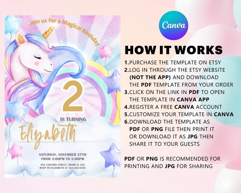 Unicorn Invitation Easy Editable Digital Printable Birthday Party ...