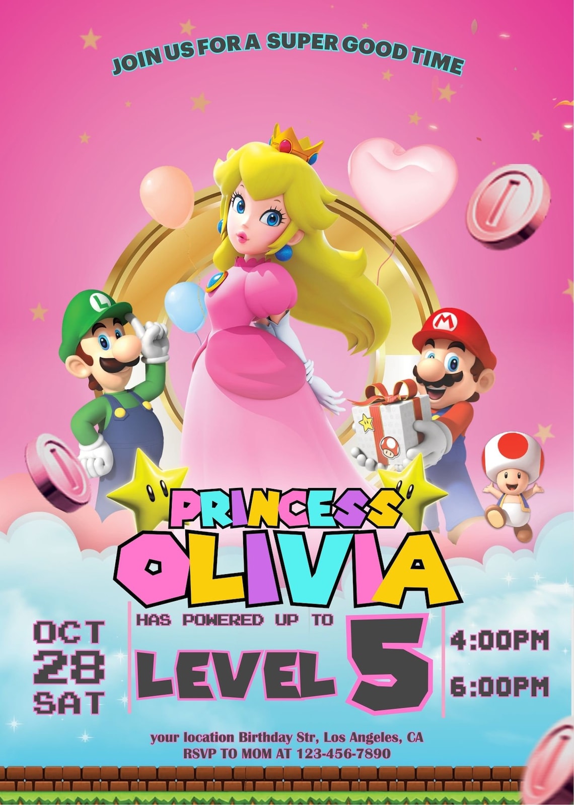 Princess Peach Birthday Invitation Easy Editable Instant Download ...