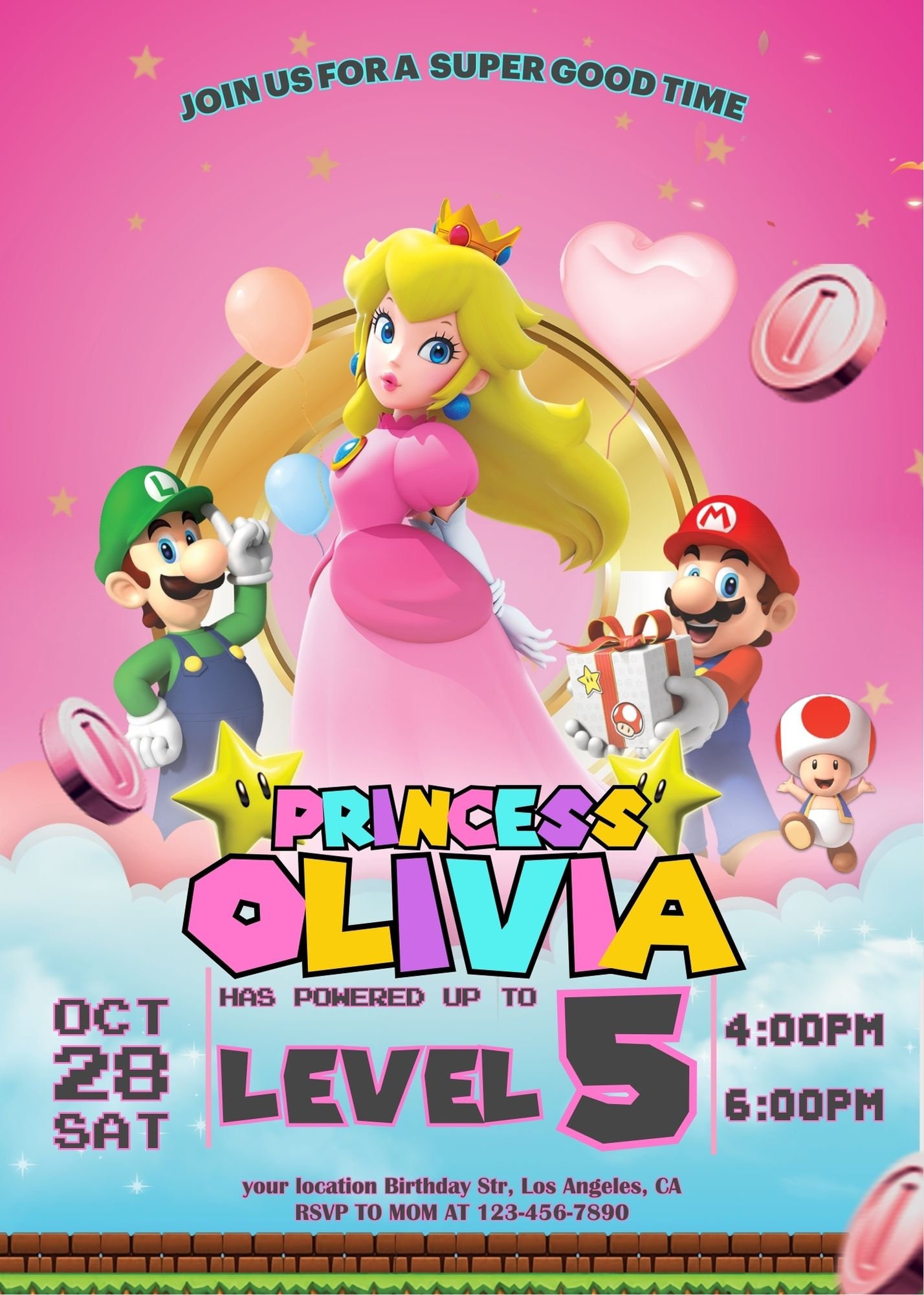 Princess Peach Birthday Invitation Easy Editable Instant Download ...