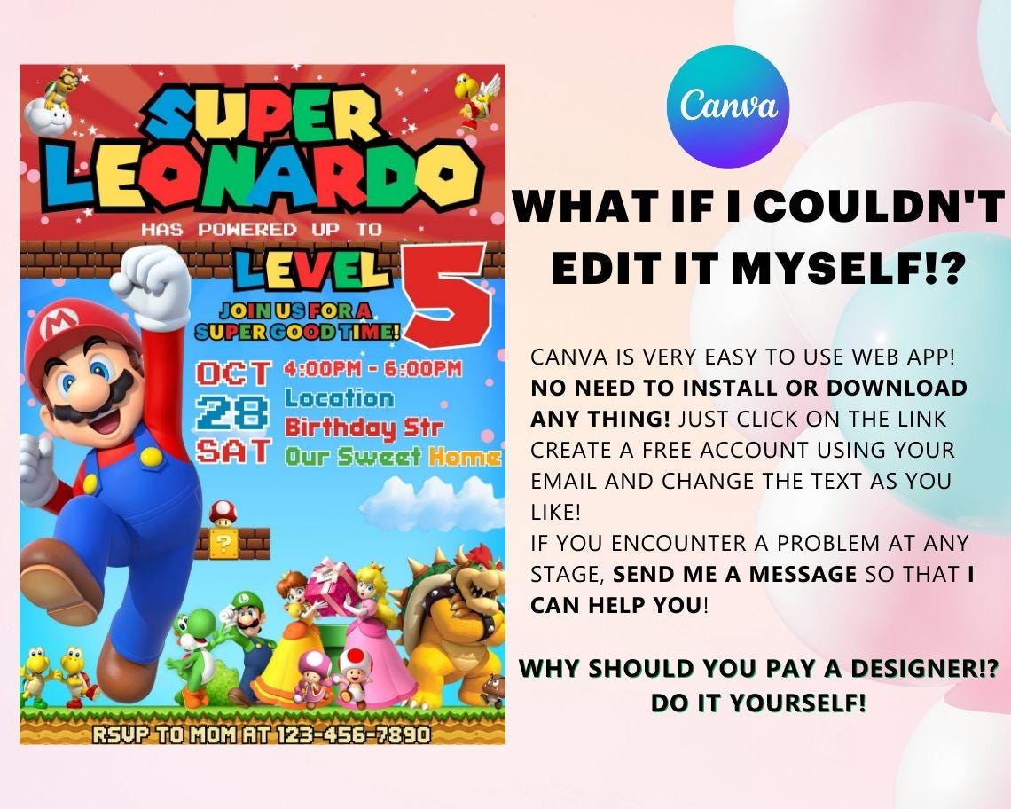 Super Mario Birthday Party Bundle - Editable Invitation, Thank You Card ...