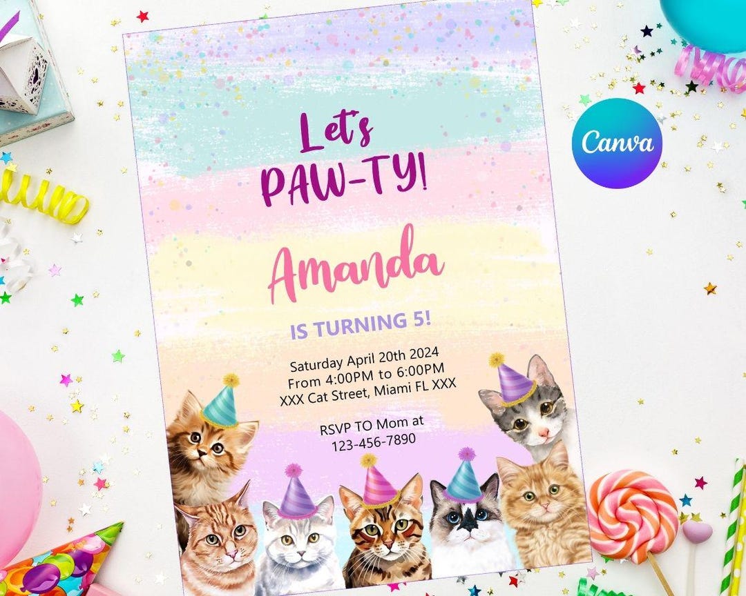 Cat Birthday Invitation Easy Editable Digital Printable Birthday Party ...