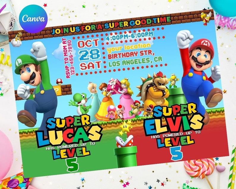 Joint Mario Luigi Birthday Invitation Sibling Birthday Double Dual ...