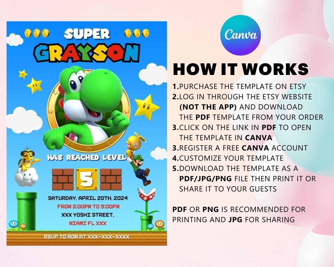 Yoshi Birthday Invitation Easy Editable Instant Download Digital ...