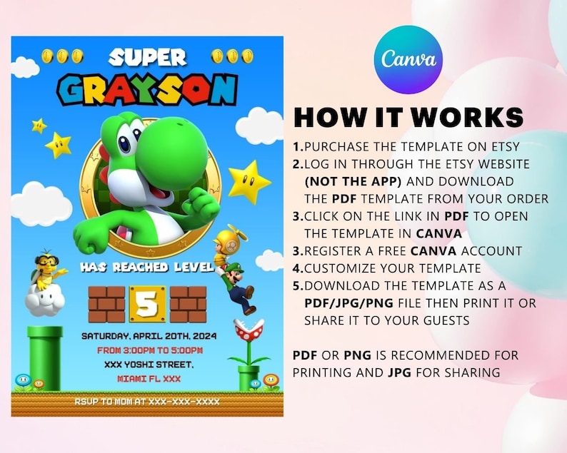Yoshi Birthday Invitation Easy Editable Instant Download Digital ...