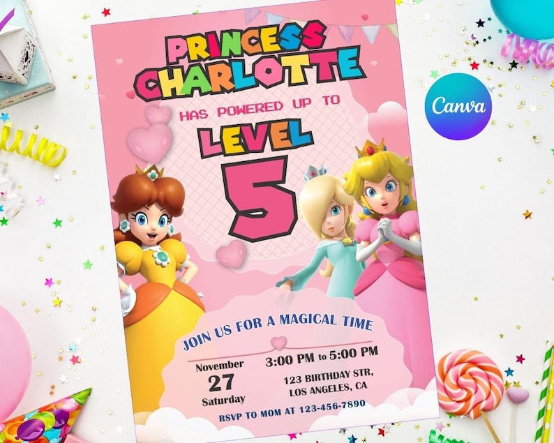 Invitación de cumpleaños de la Princesa Peach, Daisy y Rosalina. Fácil ...