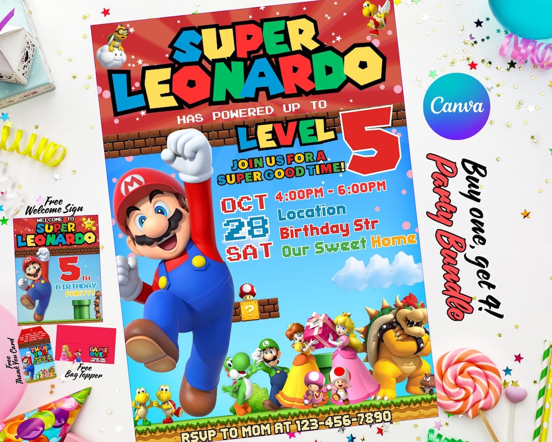 Super Mario Birthday Party Bundle - Editable Invitation, Thank You Card ...