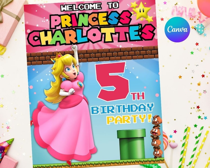 Princess Peach Birthday Door Banner Welcome Sign Easy Editable Instant ...