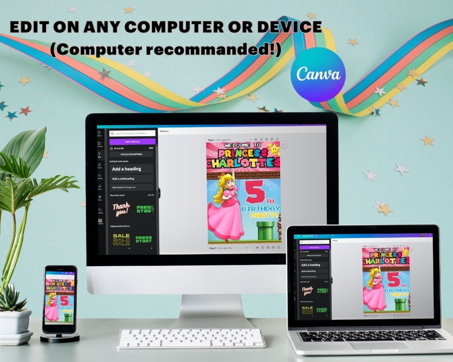 Princess Peach Birthday Door Banner Welcome Sign Easy Editable Instant ...