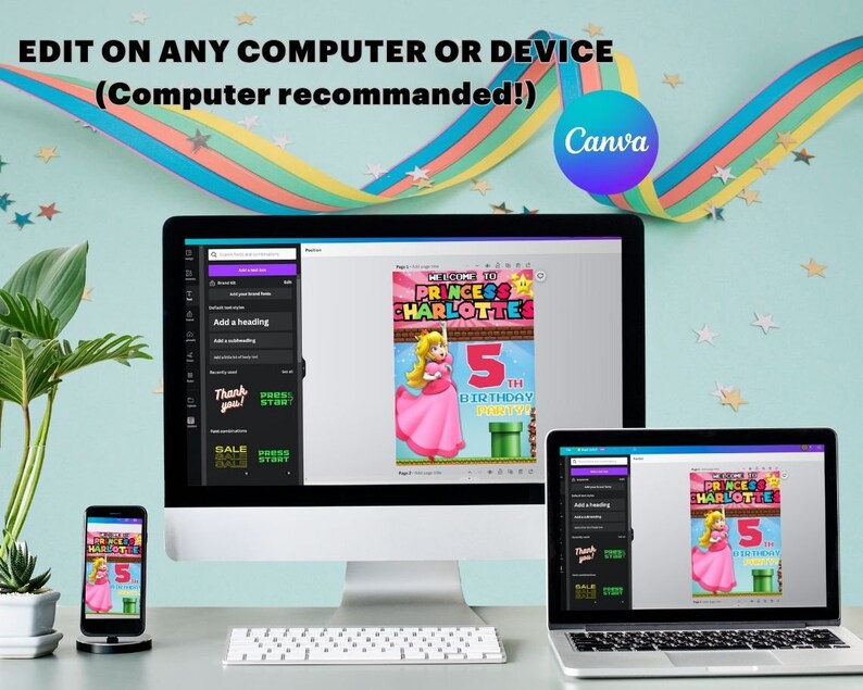 Princess Peach Birthday Door Banner Welcome Sign Easy Editable Instant ...