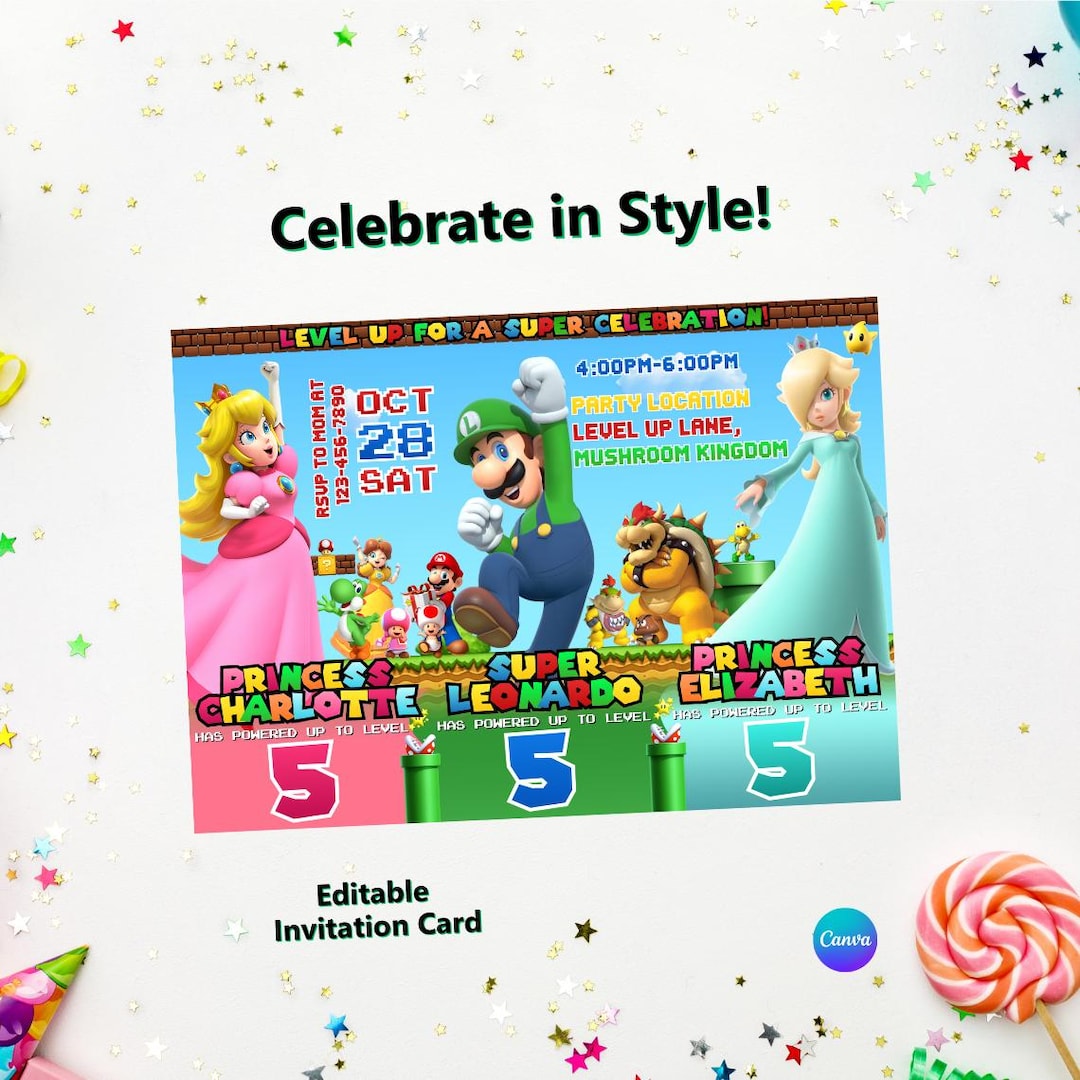Peach, Luigi & Rosalina Birthday Invitation, Triplets Siblings (digital ...