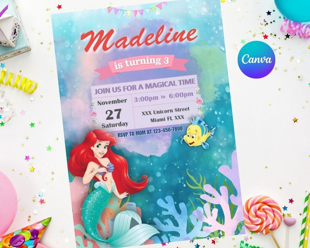 The Little Mermaid Ariel Invitation Easy Editable Instant Download ...