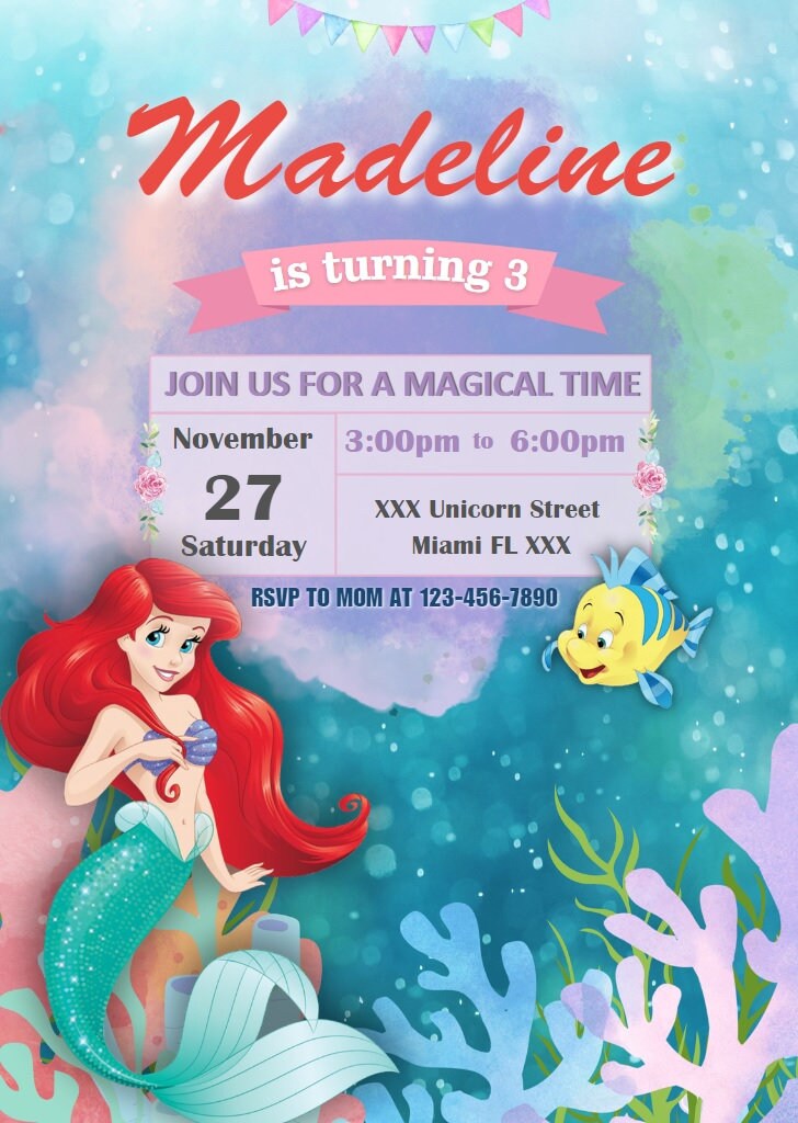 The Little Mermaid Ariel Invitation Easy Editable Instant Download ...
