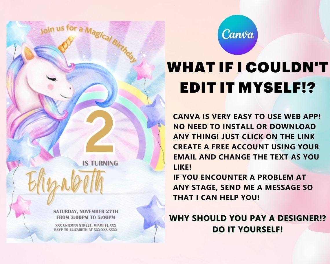 Unicorn Invitation Easy Editable Digital Printable Birthday Party ...