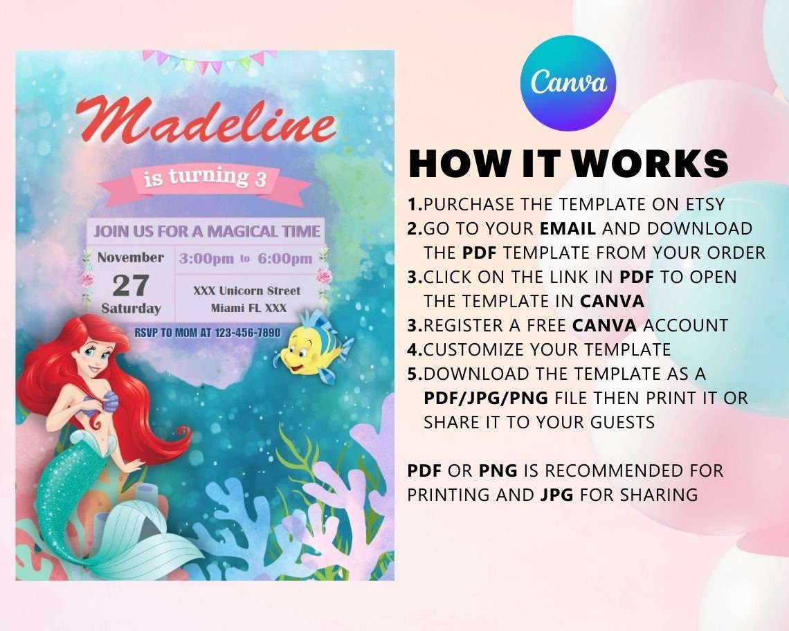 The Little Mermaid Ariel Invitation Easy Editable Instant Download ...